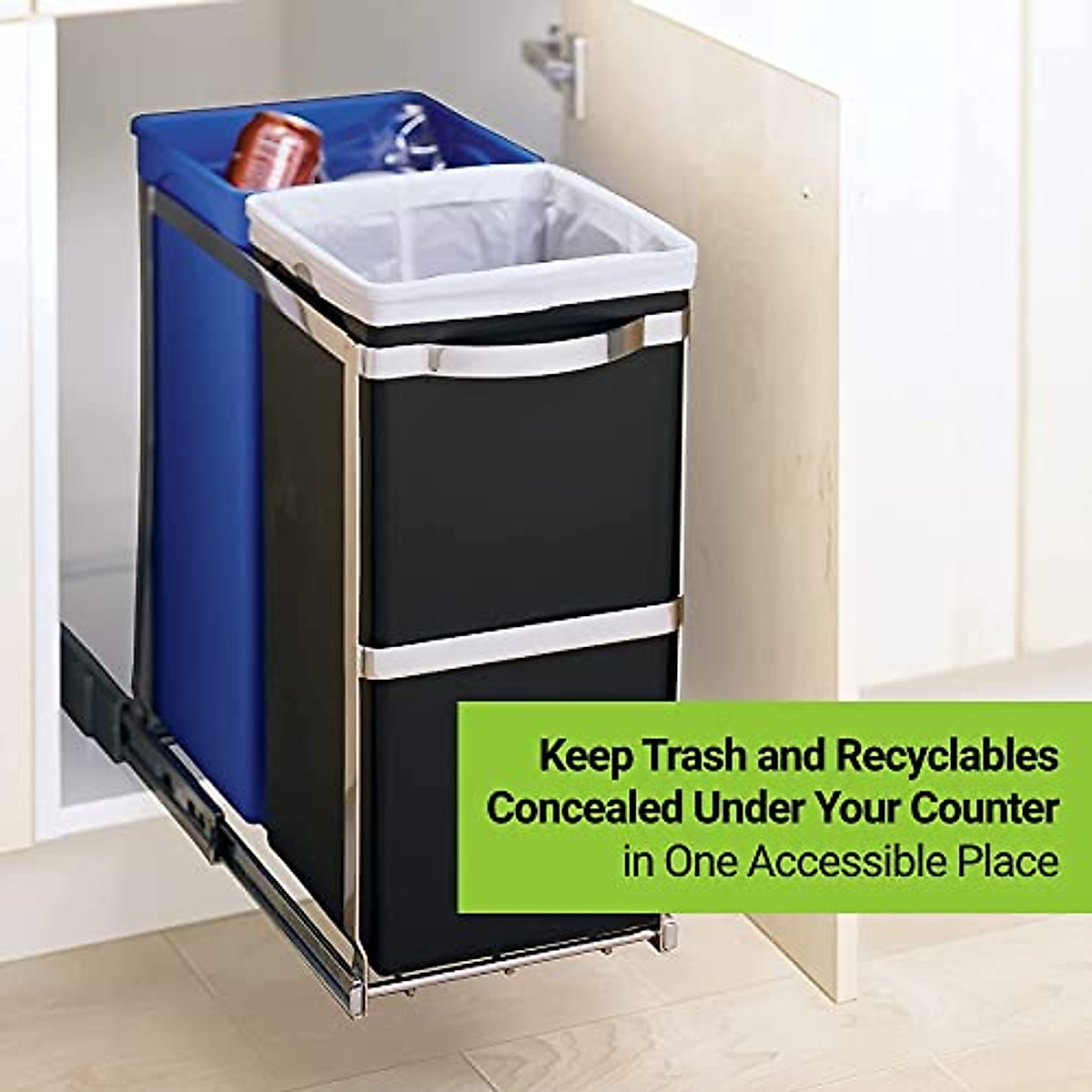 AdirHome 36-Liter Dual-Compartment, Under-Counter Trash Can and Recycling Bin Unit - Metal Sliding Shelf with 2 Garbage Bins for Kitchen & Pantry Under Cabinets Compatible with Hinged or Pull Out Door