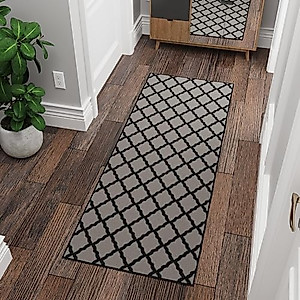 Machine Washable Moroccan Trellis Design Non-Slip Rubberback 2x5 Traditional Indoor Runner Rug for Hallway, Kitchen, Bedroom, Entryway, 20" x 59", Dark Gray