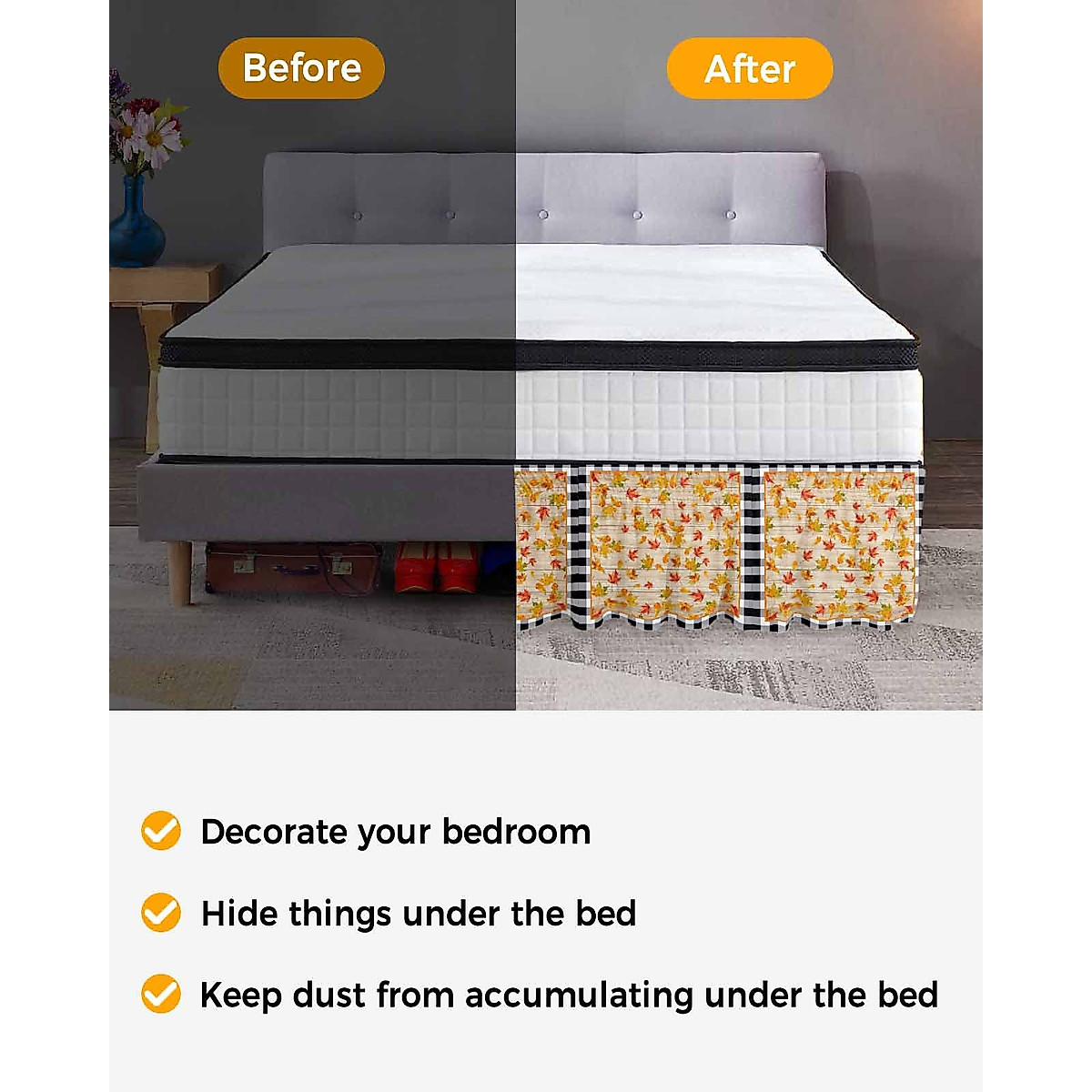 Orange Maple Leaf Bed Skirt Cal King Size 16 Inch Drop,Adjustable & Elastic Wrap Around Bed Skirts Pleated Luxury Ruffles for Twin Full Queen Cal King Bed,Autumn Fall Leaves Rustic Black White Plaid