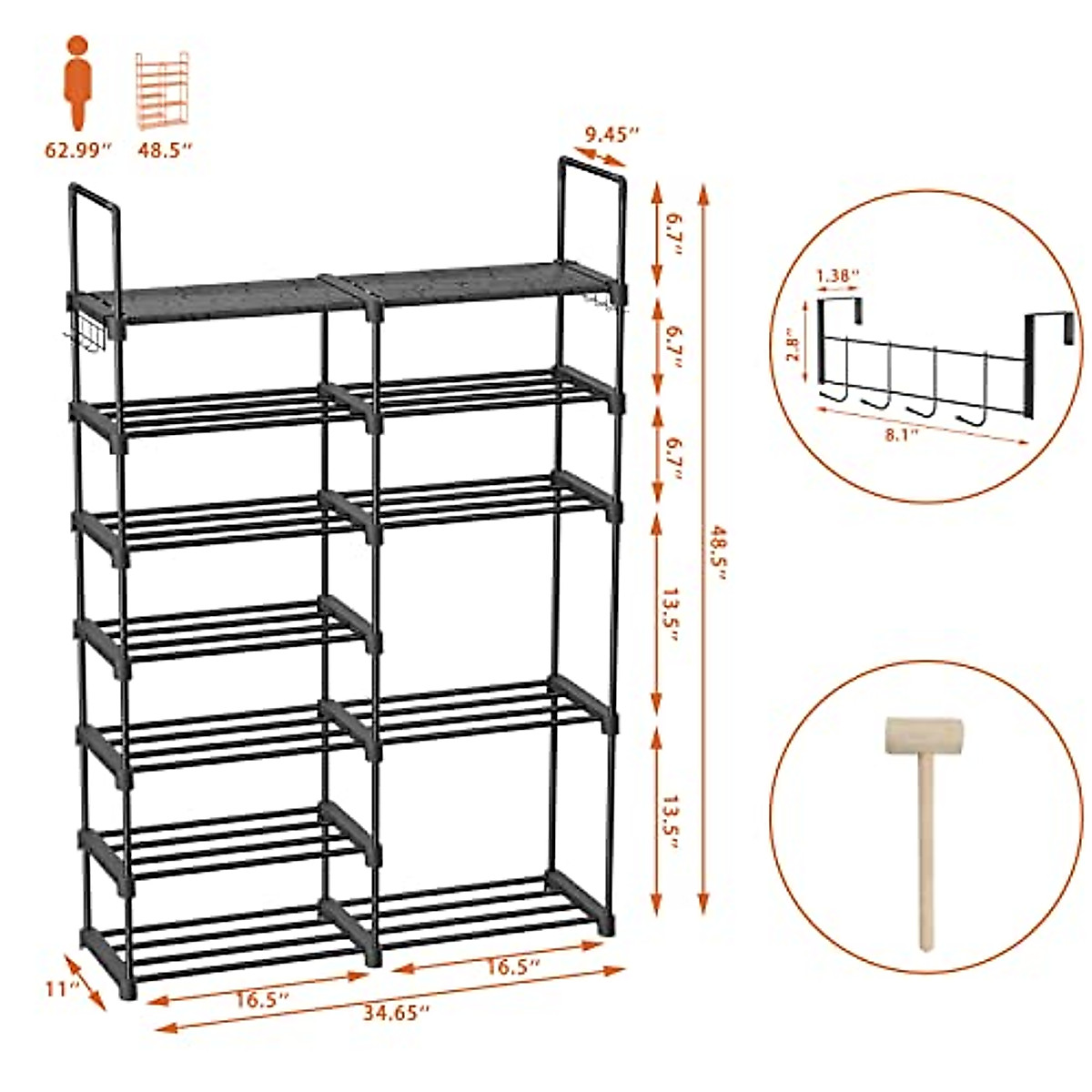 GIMTRR 7 Tiers Metal Shoe Rack, Large Capacity 24-30 Pairs Vertical Shoe Tower, Tall Shoe Storage Organizers, Narrow Shoe Shelf for Entryway, Closet, Garage