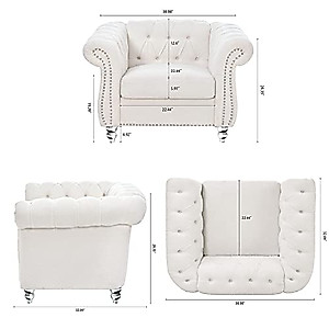 39" Chesterfield Single Sofa Chair Acrylic Crystal Leg Teddy Fabric Upholstered 1 Seater Sofa with Tufted Back,Roll Arm Settee Couches for Living Room Furniture (White + Polyester, Single Sofa)