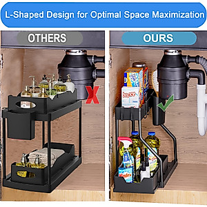 Santoy 2 Pack Under Sink Organizers and Storage, L-Shaped Pull-Out Sink Bathroom Kitchen Organizer with Hooks and Hanging Cup, 2 Tier Under Sink Cabinet Baskets Shelf with Sliding Drawers，Black