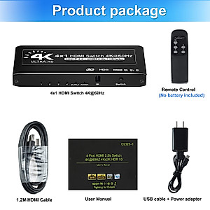 avedio Links 4K@60HZ HDMI Switch 4x1, HDMI Switch 4 in 1 Out with IR Remote Control, 4 Port HDMI Switcher Selector