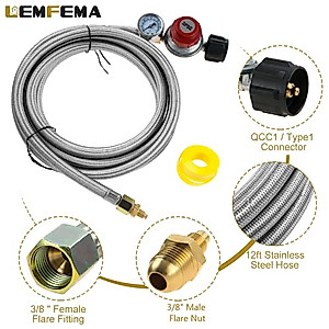 12Ft 0-30PSI High Pressure Adjustable Propane Regulator with Gauge, Stainless Steel Braided Hose Fit for Grill, Burner, Cooker, Turkey Fryer, Propane Heater, Fire Pit, QCC1 x 3/8" Female Flare Fitting