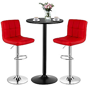COSTWAY 3-Piece Bar Table Set, Round Cocktail Table and PU Leather Adjustable Swivel Chairs, Modern Counter Height Table Set with 2 Bar Stool for Kitchen, Office (Red)