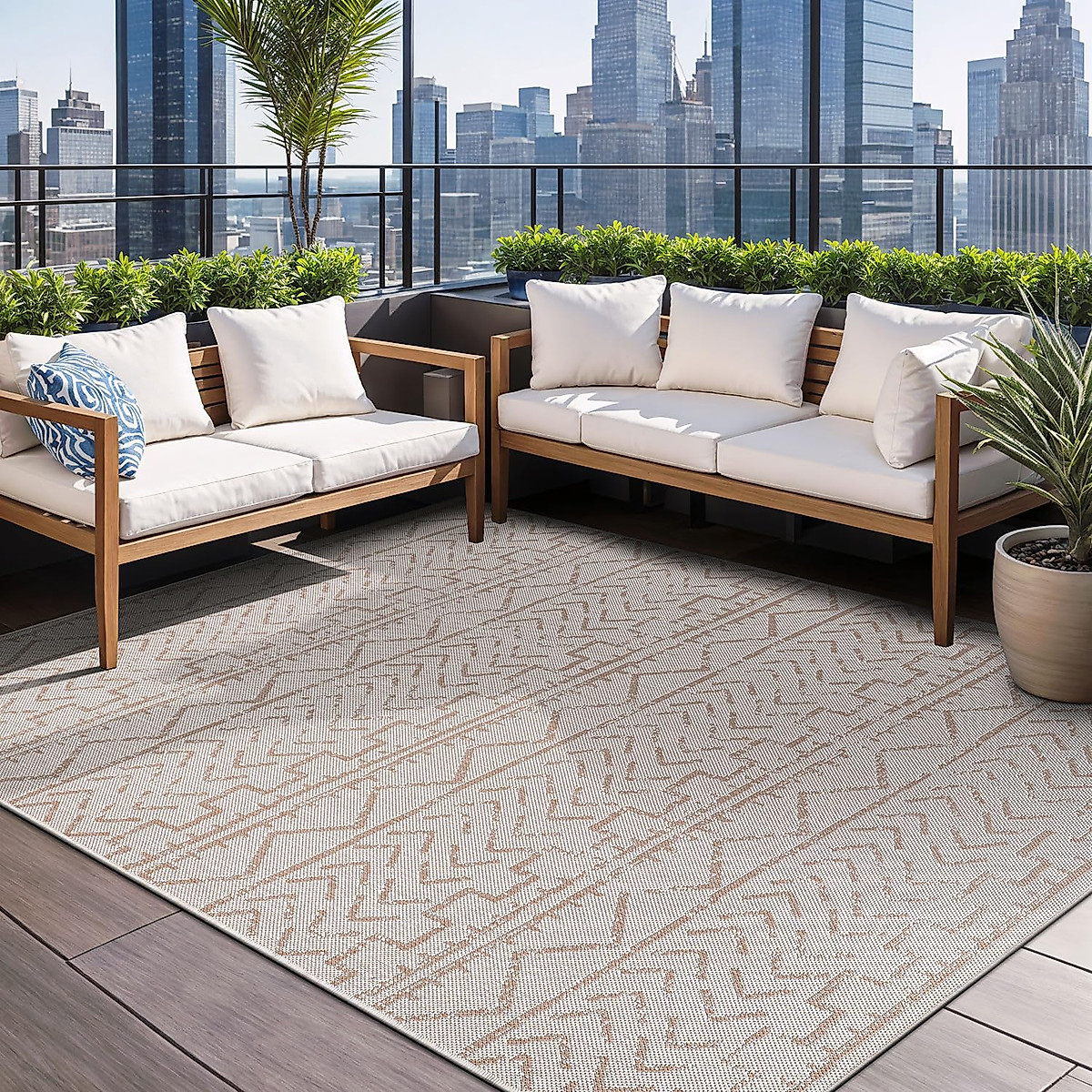 Beverly Rug Waikiki Indoor Outdoor Rug 6x9, Washable Outside Carpet for Patio, Deck, Porch, Trellis Area Rug, Water Resistant, Beige - White