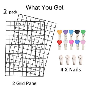 Pulatree Grid Photo Wall(Set of 2), Grid Wall Decorative Iron Rack Clip Photograph Wall Hanging Picture Wall, Ins Art Display Wall Grid 2 Packs 25.6 x17.7inch (Black)