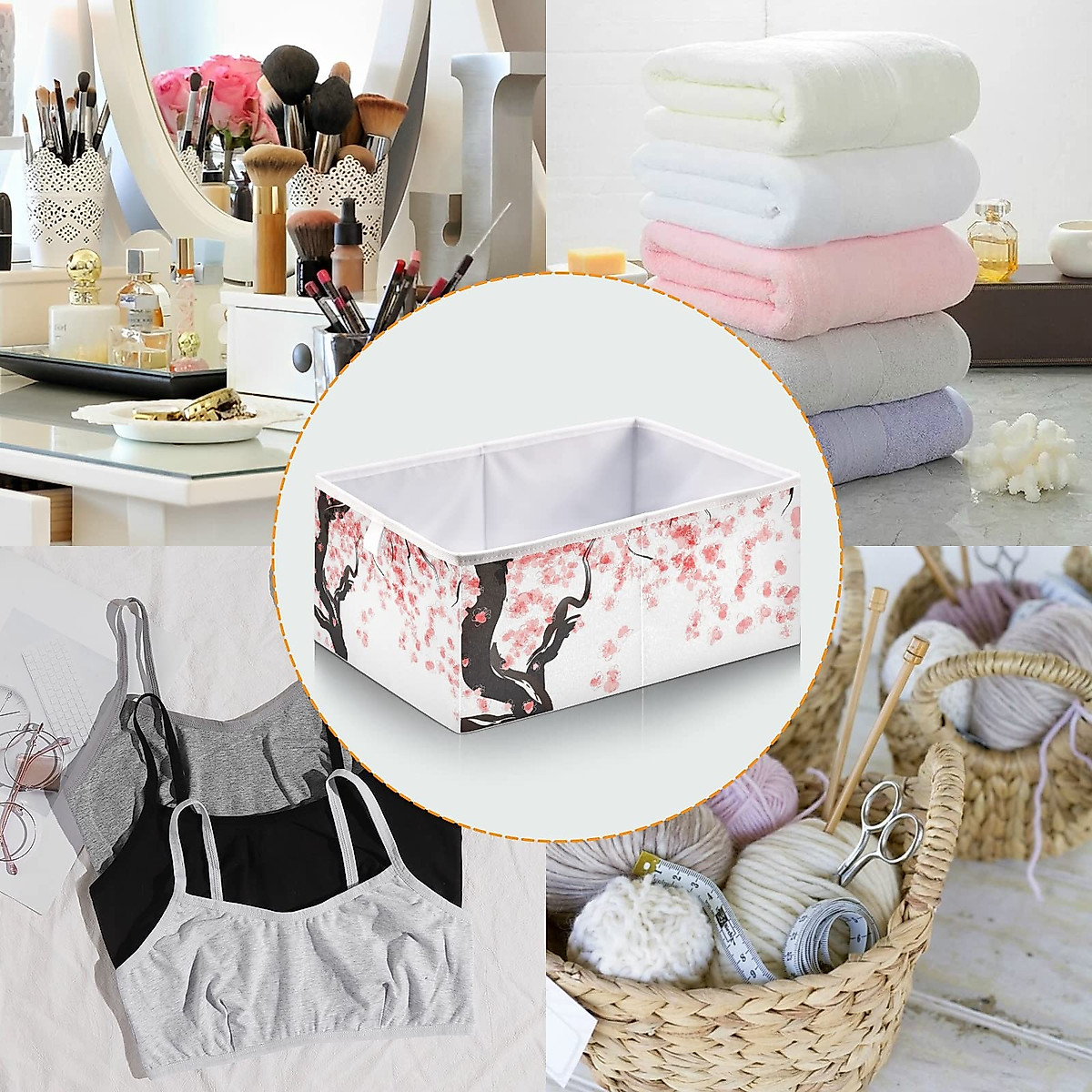 Poeticcity Red Pink Japanese Cherry Blossom Flowers Black Trunk on White Square Storage Basket Bin, Collapsible Storage Box, Foldable Nursery Baskets Organizer for Toy, Clothes Easy to Assemble