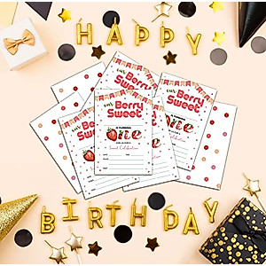 Birthday Party Invitation Cards for Kids, 1st Birthday Party Invites, our berry sweet Strawberry Party Celebration for Birthday, Party Supplies, Decoration, Personalized 20 Cards With Envelopes(D026)
