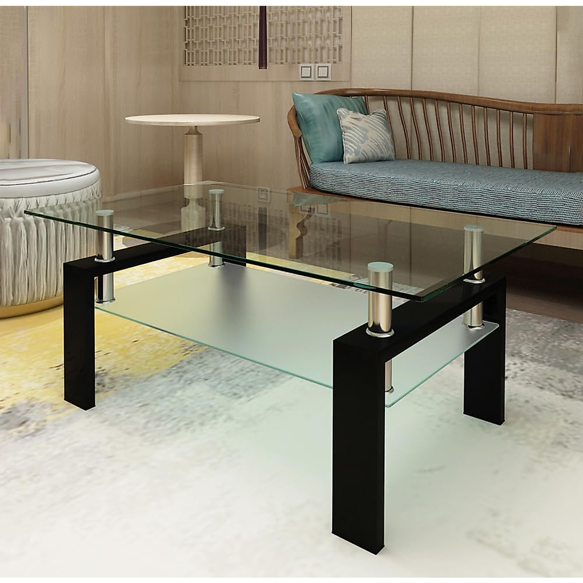 Kennkari Coffee Table with Storage, Table for Living Room, Modern Glass Coffee Table, Rectangular Coffee Table for Home Living Room, Clear Coffee Table, Easy Assembly (Transparent+Black)