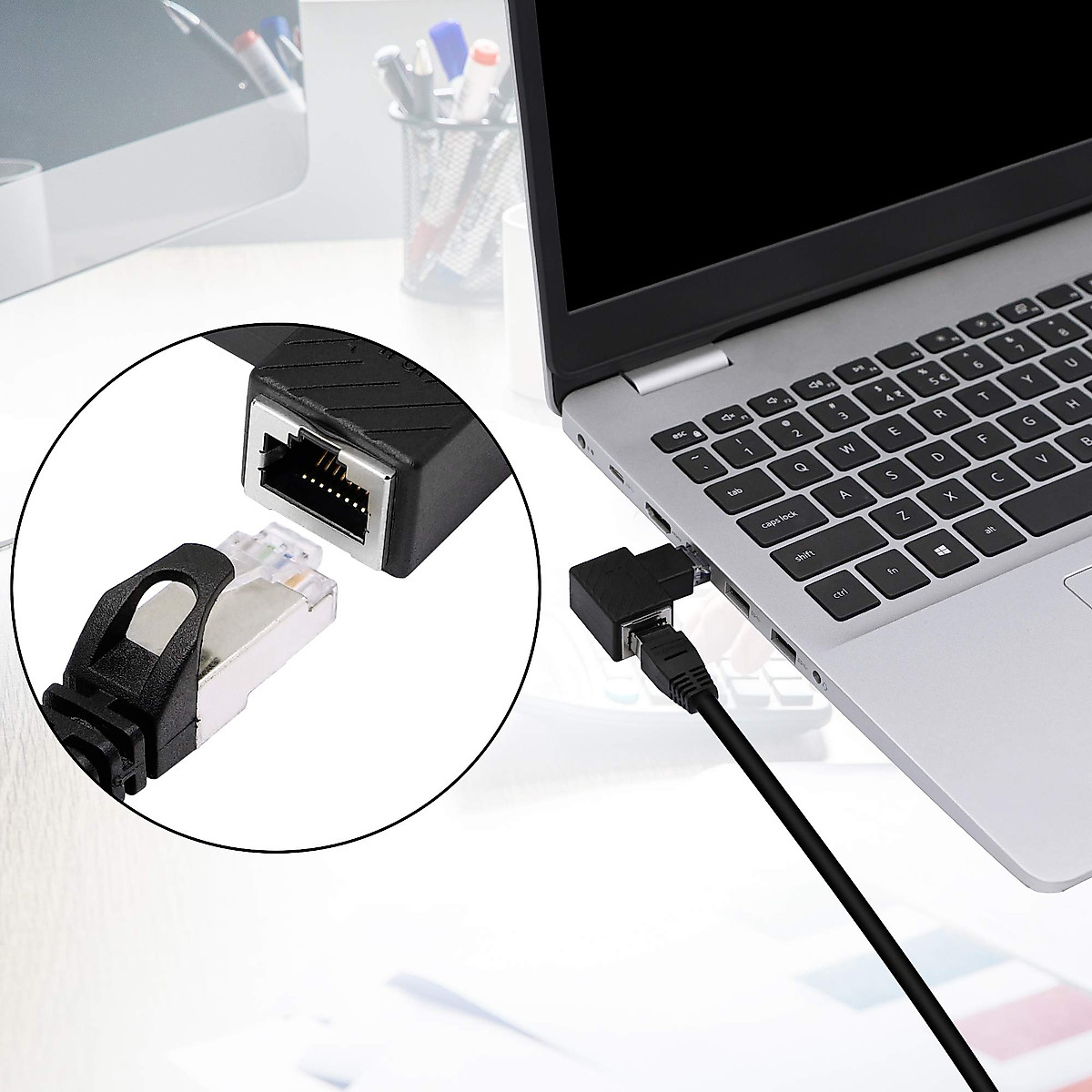 RIIEYOCA 90 Degree Ethernet Adapter,Right Angle RJ45 Male to Female Extension Cat6 LAN Network Connector,for Computers, Laptops, Routers(2-Pack)