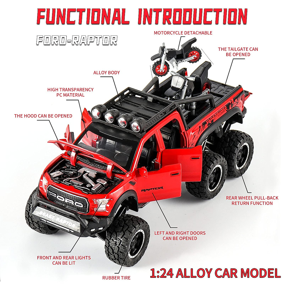 Monster Trucks for Boys - 1/24 Scale Die-Cast Metal Toy Car F150 with Sound and Light,Pickup Truck and Trailer Cars Toy Cars for 3+ Year Old Boys (Red)