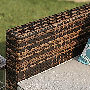 SUNBURY 6-Piece Outdoor Sectional Interwoven Wicker Sofa Patio Furniture Set w 3 Blue White Plaid Pillows, Tempered Glass Coffee Table for Backyard