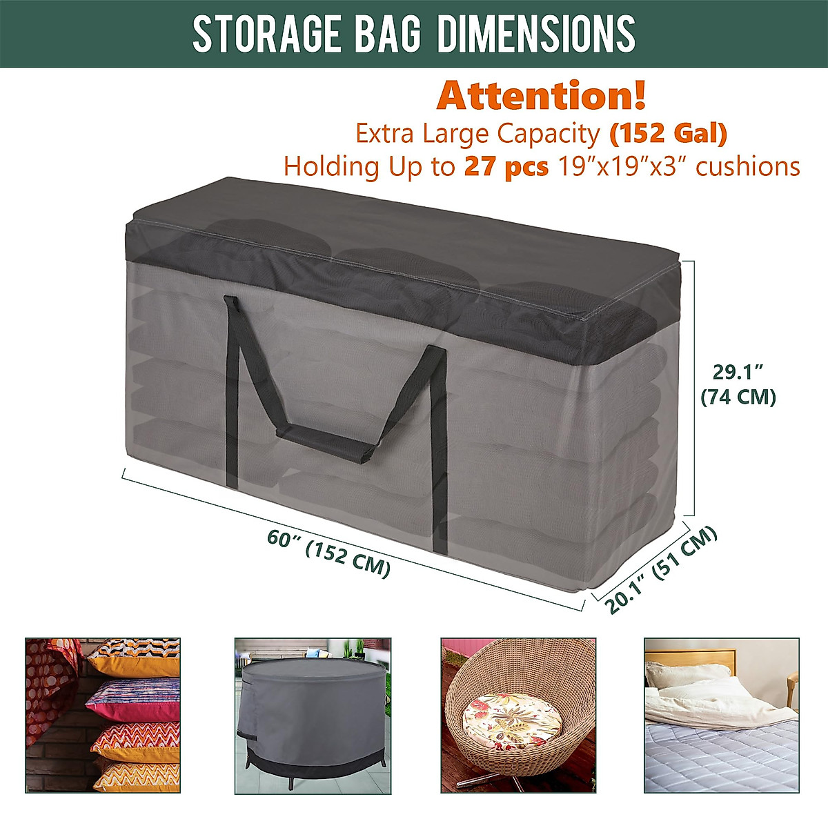 Rachmi Cushion Storage Bag (152 Gal) 60 Inch with Zipper & Padded Handle, Outdoor Oversized Heavy Duty 600D Water-resistant Moving Bag, (60"Wx20"Dx29"H, Extra Large)