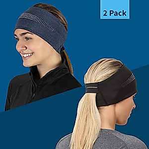TrailHeads Womens Ponytail Headband - Reflective, Moisture Wicking Hair Headband for Running, Winter - Adrenaline Series - Black/Heather Navy Reflective - 2 Pack