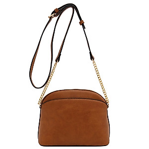 FashionPuzzle Faux Leather Solid Small Dome Crossbody bag with Chain Strap (Cognac)