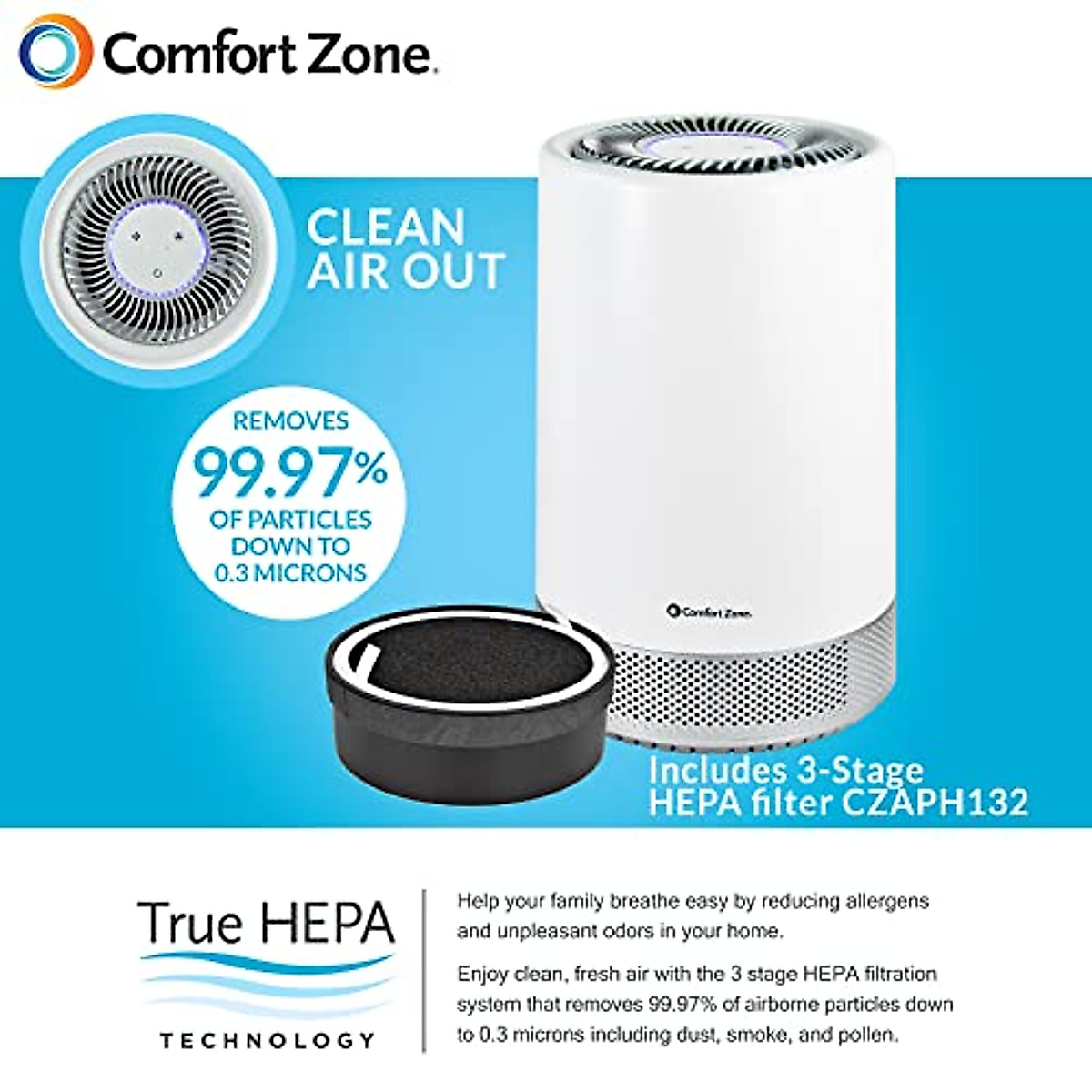Comfort Zone Clean HEPA Air Purifier with WiFi App Control - Smart Air Filter & Cleaner - Remove Dust, Odor, Pollen - Compact Ionizer with Timer & Night Light, Covers 150 sq. ft.