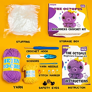 HEJIN Crochet Kit for Beginners, Beginner Crochet Kit for Adults Kids, Octopus Crochet Animal Kit Include Videos Tutorials, Yarn, Eyes, Stuffing, Crochet Hook- Boys and Girls Birthdays Gift