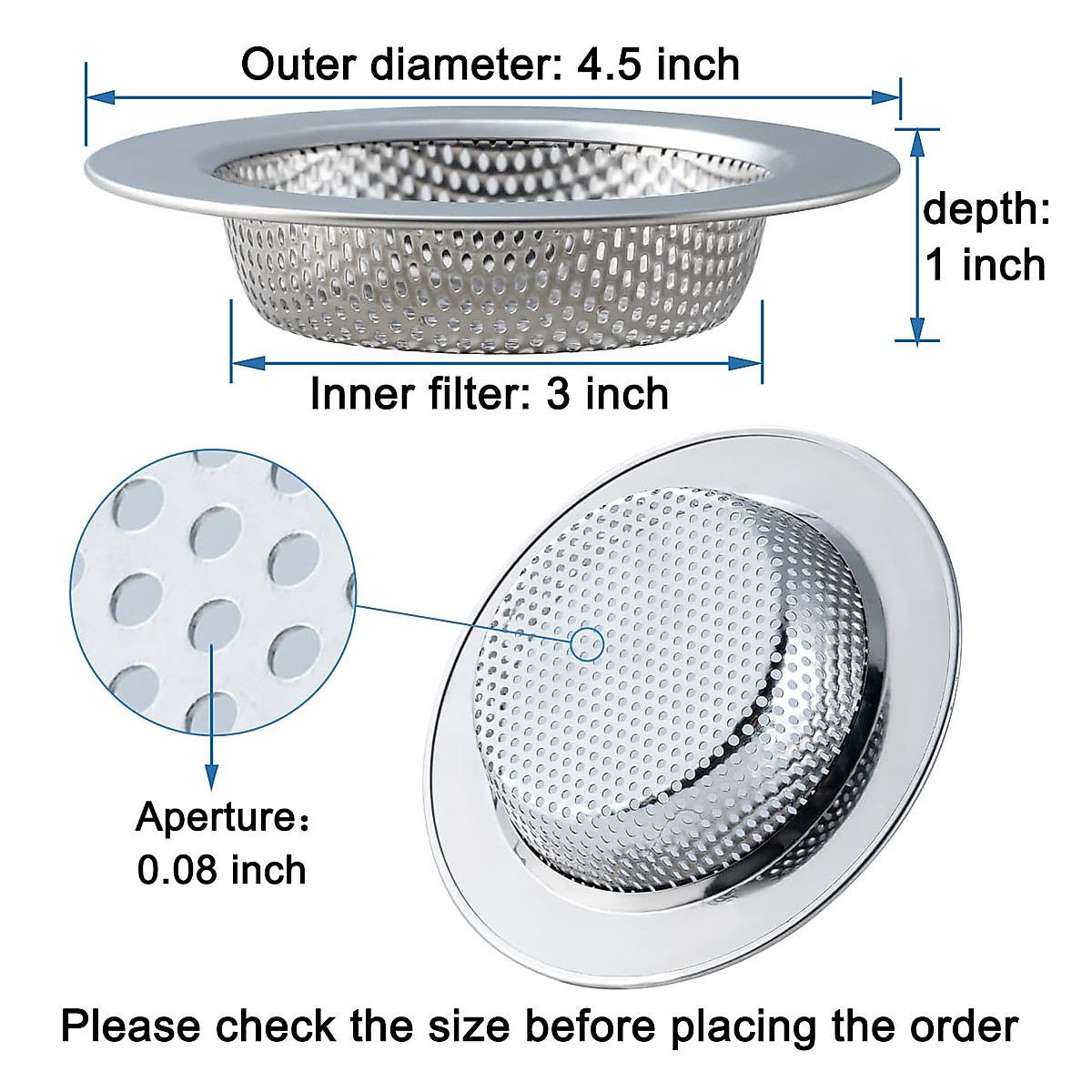 Honmein 3 Pcs Sink Strainer for Most Kitchen Sink Drain Basket, Upgraded Double-Layer Safe Design Kitchen Sink Strainer (Outer Diameter 4.5 Inch)