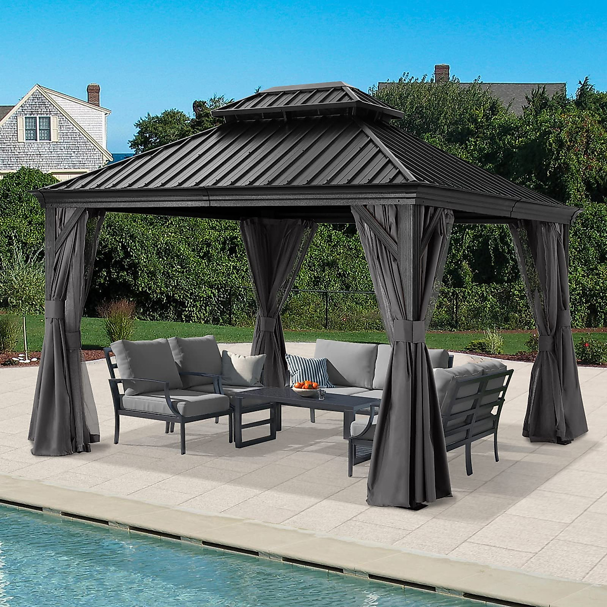 ABCCANOPY Hardtop Gazebo 10x12 - Outdoor Metal Hard Top Gazebo, Permanent Galvanized Steel Aluminum Framed Pavilion with Netting and Curtain for Patio Backyard Lawn Garden (Double Roof, Gray)