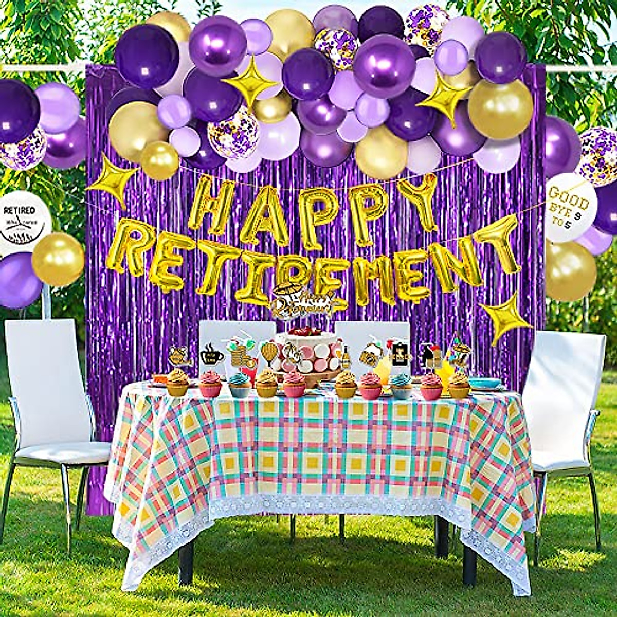 Sharonlily 84 Pcs Retirement Party Decorations for Women Men, Super Value Pack of Purple Gold Retirement Decoration Party Supplies, Happy Retirement Banner, Balloon Garland Arch, Fringe Curtains, etc.