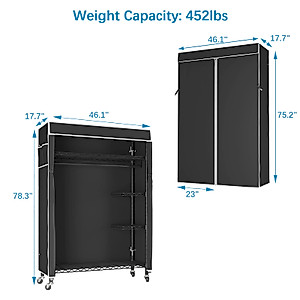 VIPEK V11C Portable Closet Rolling Clothes Rack 5 Tiers Heavy Duty Adjustable Wire Garment Rack with Lockable Wheels Wardrobe Black Metal Clothing Rack with Black Oxford Fabric Cover, Max Load 452LBS