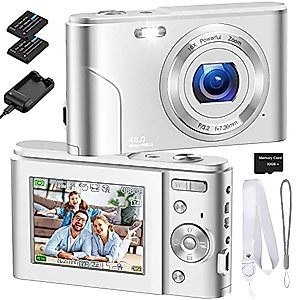 Digital Camera, RUAHETIL Autofocus FHD 1080P 48MP Kids Vlogging Camera with 32GB Memory Card, 2 Charging Modes 16X Zoom Compact Camera Point and Shoot Camera for Kids Teens (Silver)