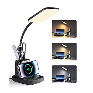 GOLSPARK Desk Lamp with Wireless Charger, LED Desk Lamp for Home Office 3 Color Modes CRI90+ Eye-Caring Reading Light with Pen Holder, Dimmable Gooseneck Touch Control Table Lamp for College Dorm Room