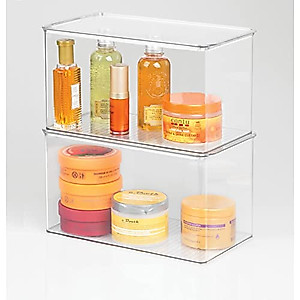 mDesign Stackable Plastic Bathroom Storage Box with Hinge Lid - Container for Organizing Soap, Body Wash, Shampoo, Conditioner, Hand Towels, Hair Accessories, Lumiere Collection, 4 Pack - Clear