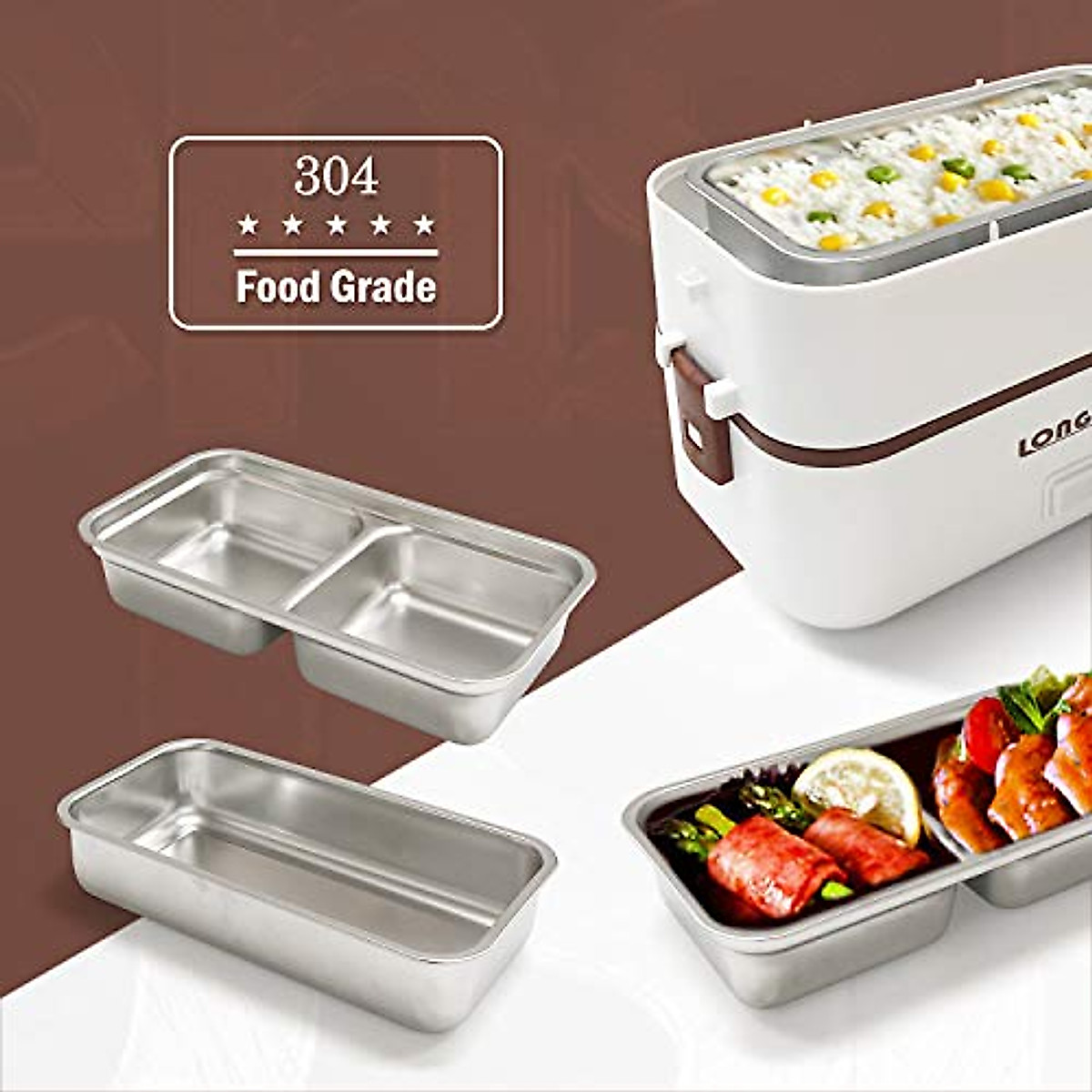 Electric Lunch Box Portable Food Warmer for Home Office Work 110V Double Layers 304 Stainless Steel with Removable Compartments Food Container with Spoon (2 Layers)