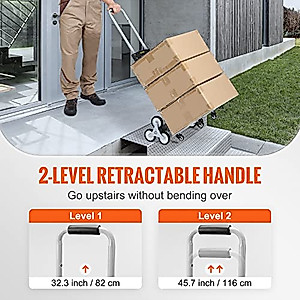 VEVOR Stair Climbing Cart, 220 lbs Load Capacity, Foldable Hand Truck with 32.3-45.7 inch Adjustable Handle Height, 4 Universal Wheels & 2 Elastic Ropes, Multipurpose Dolly for Warehouse Shopping