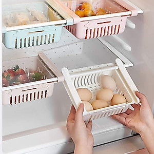 2Pcs Fridge Drawer Organizer, Retractable Drawer Refrigerator Storage Box, Upgraded Pull Out Bins, Classifiable Fridge Shelf Holder Storage Box - Fit for Fridge Shelf Under 0.5 inch (White+Beige)