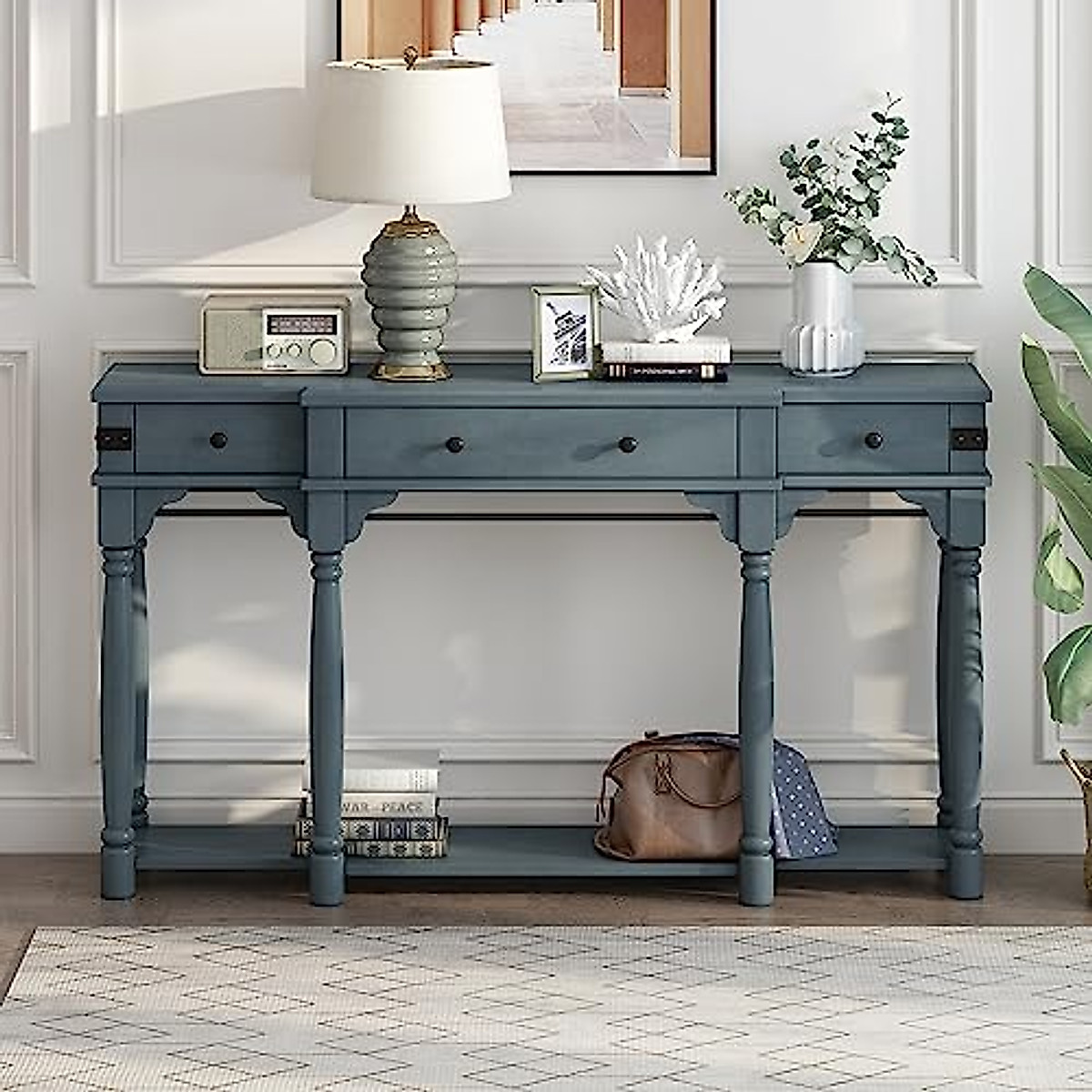 Bellemave Console Table Entryway Table with 3 Storage Drawers and Open Style Shelf Retro-Style Sofa Table for Living Room, Couch, Hallway, Foyer, Kitchen Counter (Dark Navy)
