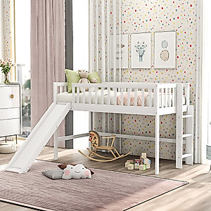 Harper & Bright Designs Twin Size Low Loft Bed with Slide, Wood Low Loft Bed for Kids, Girls, Boys (White)