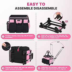 JKAOO Large Rolling Cleaning Caddy Bag with Detachable Trolley, Waterproof Cleaning Caddy on Wheels for Housekeepers, Cleaning Cart Supplies Organizer for Home,Car,Office,Picnic (Pink) (in Patent)