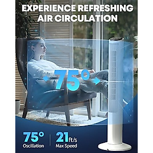 MIBOMIBO 40 inch White Tower Fan for Bedroom, Quiet Cooling Fan with LED Display, Oscillating Fans for Indoors with 3 Speeds, 15H Timer, Bladeless Fan, Standing Floor Fans,TF-K4007RW