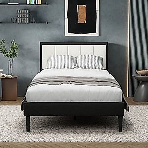 Konprosp Twin Size Bed Frame with Upholstered Headboard, Platform in New Technical Fabric, Mattress Foundation with Wooden Slats Support, Easy Assembly, No Box Spring Needed, Black & White