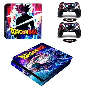PS4 Slim Skin Sticker for Console and 2 DualShock Controllers Full Wrap Vinyl Decal Protective Cover Faceplate for Son Goku Soku Compatible with Sony PS4 Slim, Blue