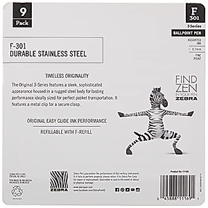 Zebra Pen F-301 Retractable Ballpoint Pen, Stainless Steel Barrel, Fine Point, 0.7mm, Assorted Ink, 9-Pack