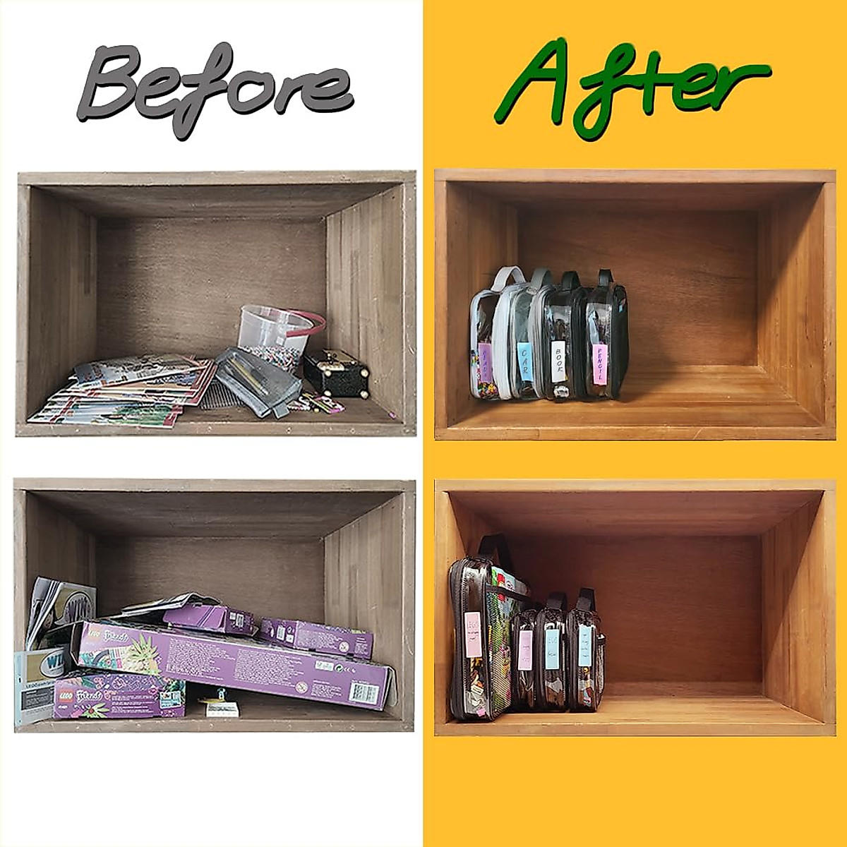 holay 4 Packs PVC Zippered Blocks Set, Toy, Clay, Board game Storage Organizer Case (Name Tag, Manual Pocket) (Black, Small)