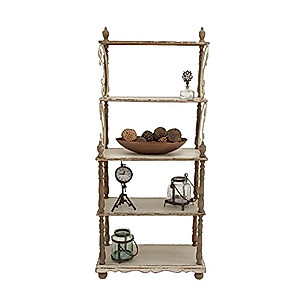 Deco 79 Wood Scroll 5 Shelf Shelving Unit with Brown Spindle Sides and Ball Feet, 32" x 16" x 75", White