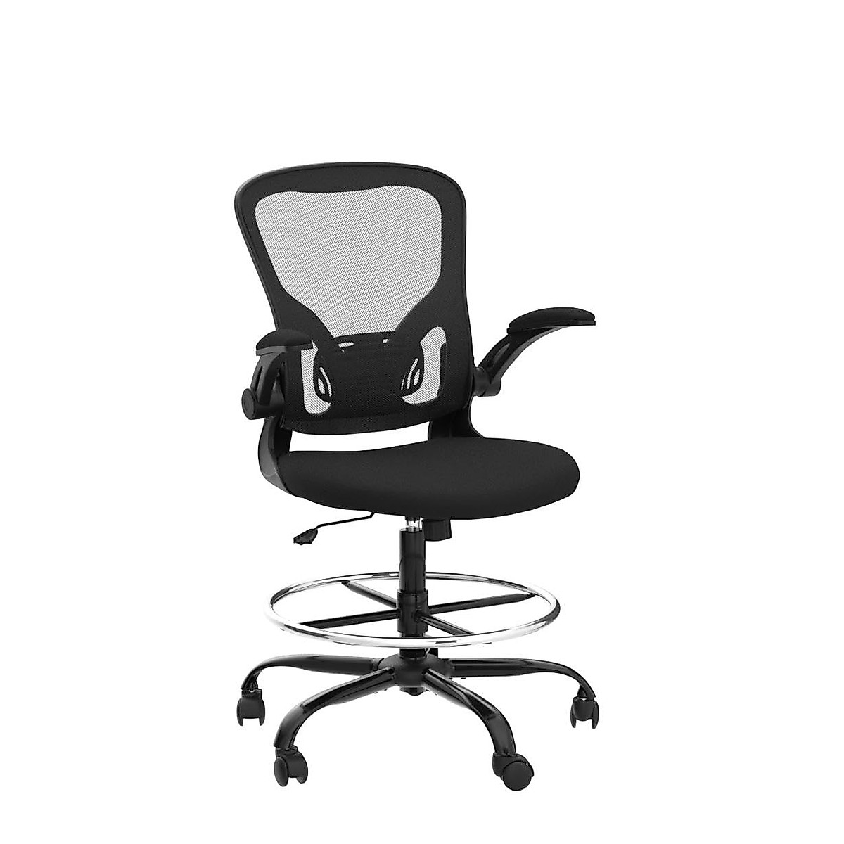 Drafting Chair Tall Office Chair, Standing Desk Chair 3.9'' Cushion, Ergonomic Mesh Computer Chair with Adjustable Foot Ring & Flip-Up Arm, Executive Rolling Swivel Stool for Office & Home. (Black)