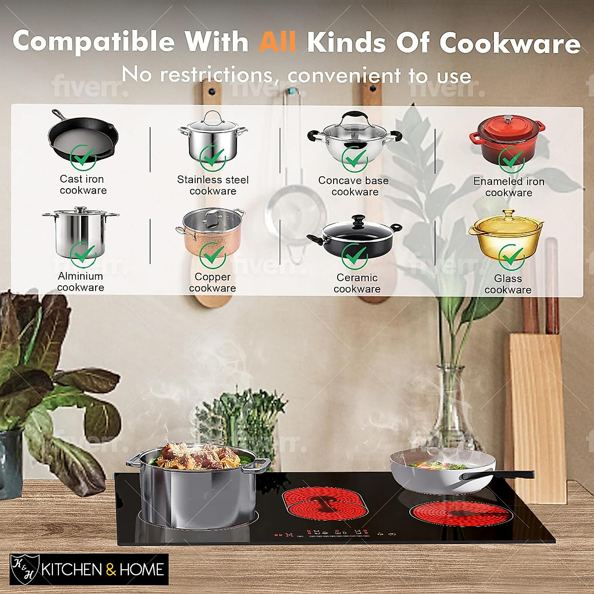 K&H 5 Burner 30 Inch Built-in Electric Stove Top Radiant Ceramic Cooktop Touch Control 240V 8600W CE30-8608