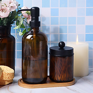UrSpeedtekLive Bathroom Accessory Set 5 Pcs, 2 Pcs 16oz Amber Glass Soap Dispensers with Stainless Steel Pumps, 2 Pcs Qtip Holder Dispensers with Waterproof Labels & Bamboo Tray