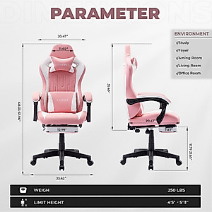 YAMOBO Gaming Chair with Footrest, Ergonomic Computer Gaming Chair with Massage Lumbar Support, High Back PC Gamer Chair for Adults with Linkage Armrests, Reclining Big and Tall Gaming Chair, Pink