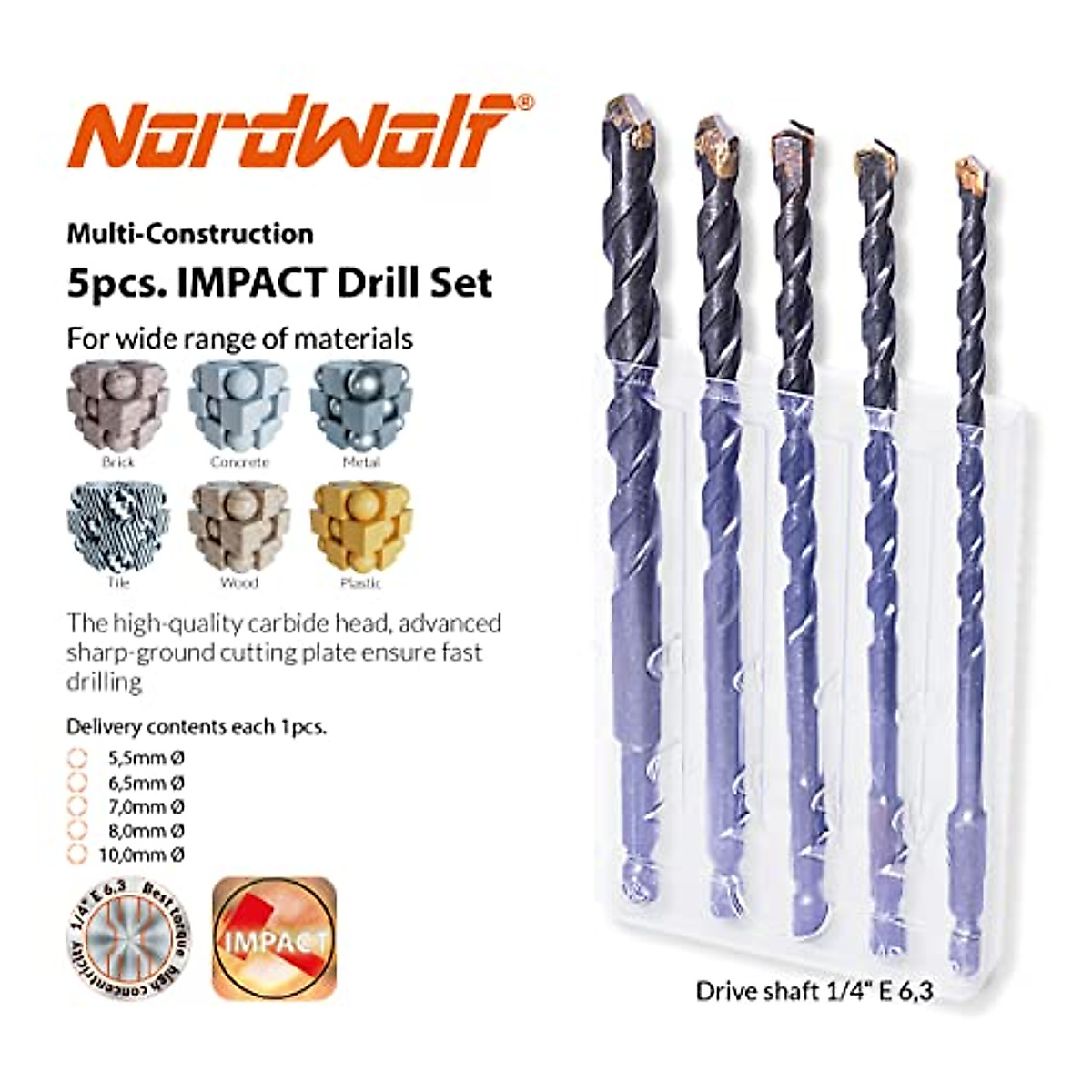 NordWolf 5-Piece Metric Carbide Tipped Multi-Purpose Drill Bit Set with 1/4" Hex Shank for Sheet Metal, Wood, Block, Brick, Tile & Plastic, Sizes 5.5-6.5-7-8-10mm