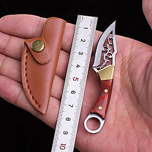 SZHOWORLD Ultra Small Fixed Blade Knife, 1.57 inch 5Cr15 Steel Laser Cutting Hollow Blade with Brass+Colored Wood Handle, Mini Knife/Box Cutter with Leather Sheath for EDC Use (Red brown)