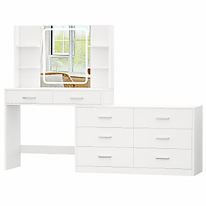Irontar Vanity Desk with Lighted Mirror and 3-Color LED Strip, Makeup Vanity Table with 8 Drawers & 4 Open Shelves, Side Cabinet with Width Adjustable, Makeup Desk for Women, White WDT011W