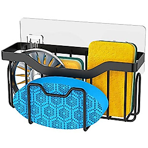 Utobao Sponge Holder for Kitchen Sink, Kitchen Sink Caddy Organizer for Dish Soap Scrub Brush Sink Stopper, in Sink Basket SUS304 Stainless Steel, No Drilling with Adhesive 2 Hanging Way-Black
