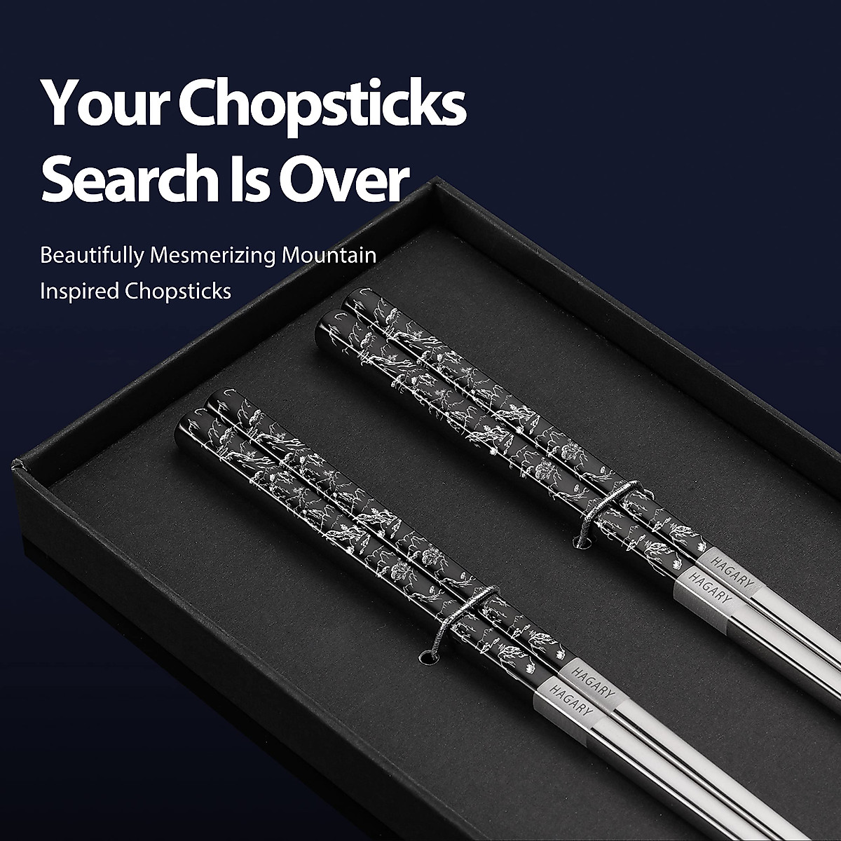 Hagary Mountain Black Chopsticks Metal Chopsticks Reusable Designed In Korea Japanese Style Stainless Steel 316 18/10 Non-Slip Dishwasher Safe (Black - 2 Pairs)